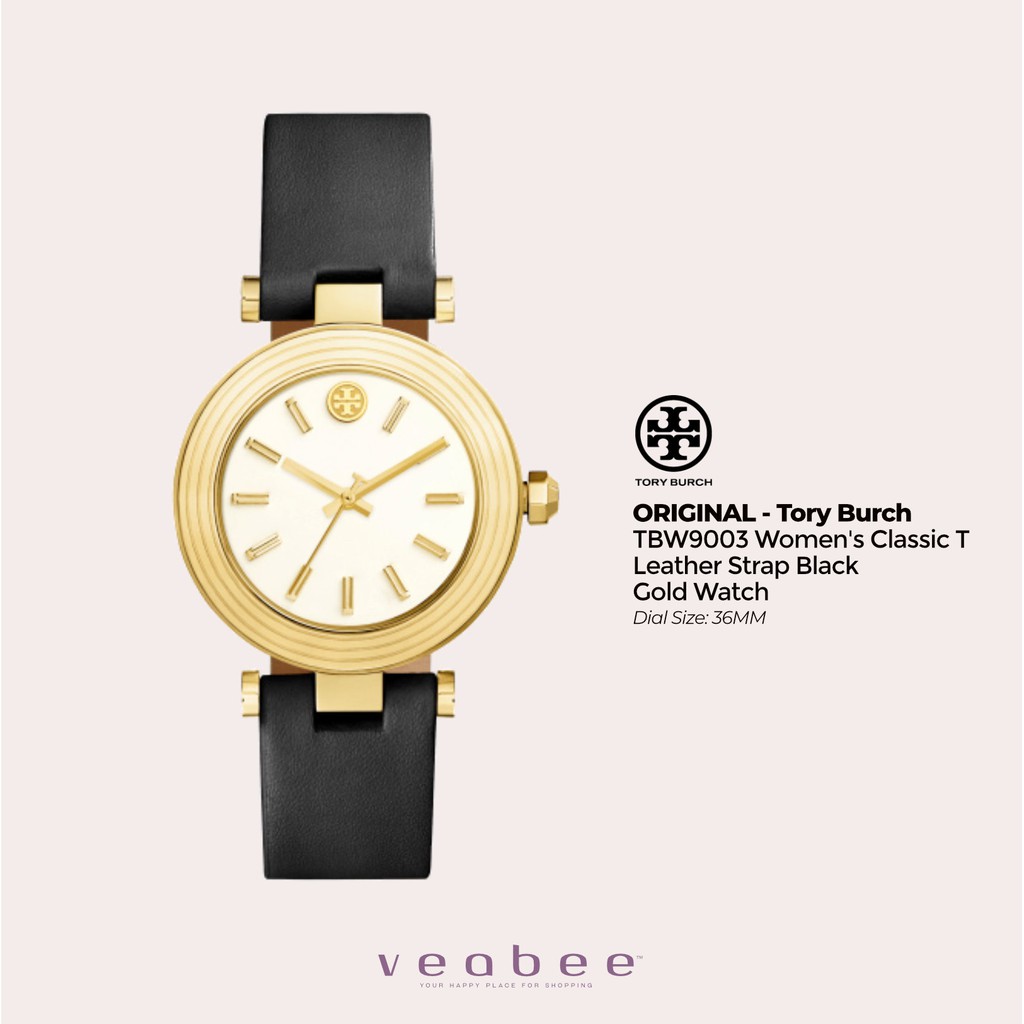 Jual Jam Tangan Tory Burch Classic T Leather Black Gold TBW9003 ...