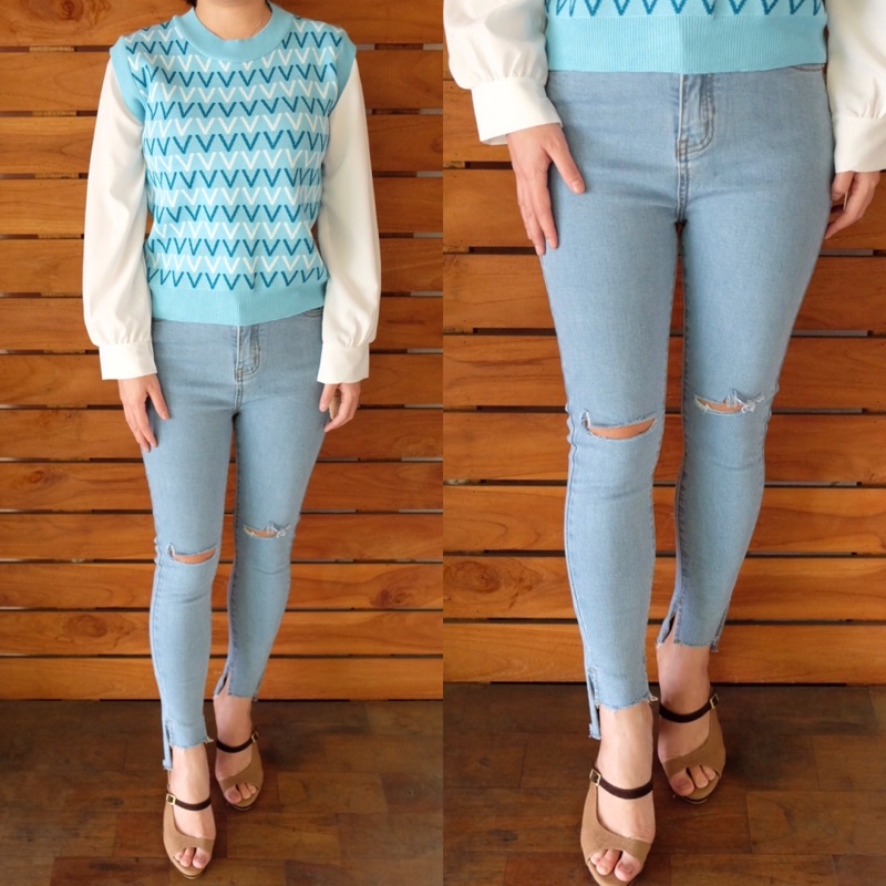 Jual blue knee cut jeans / jeans sobek / ripped jeans | Shopee Indonesia