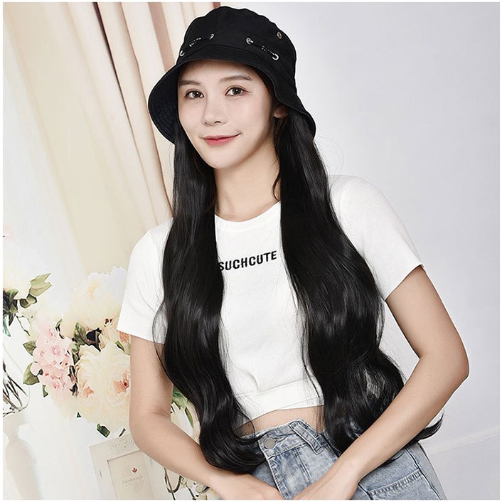 Jual Wig Topi Female Long Curly Hair Fisherman Hat Wig Korean Style-Wig ...
