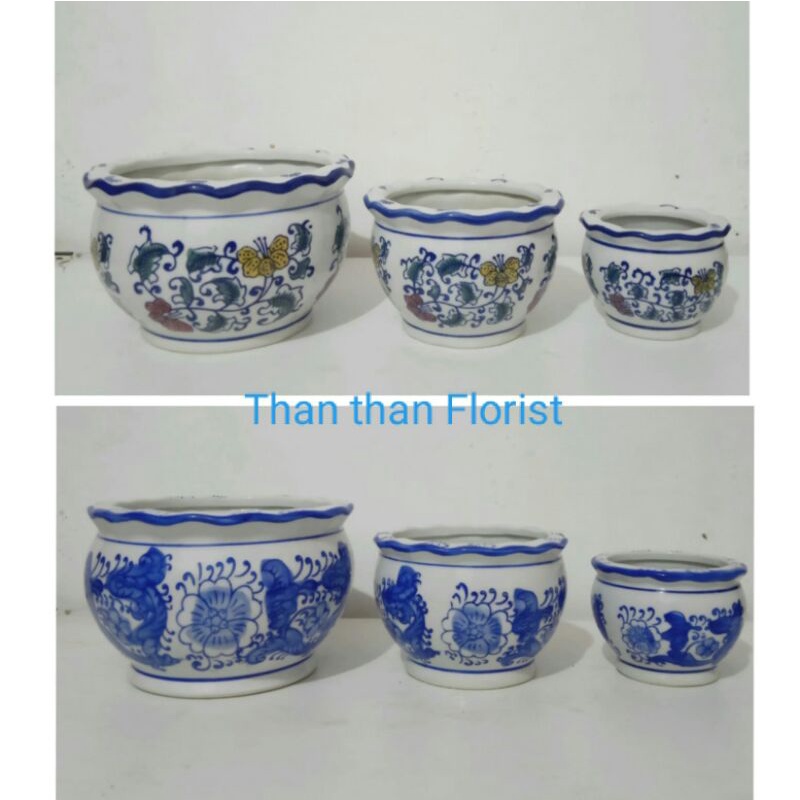 Jual POT KERAMIK BULAT KRWIL MOTIF BUNGA BIRU PUTIH DAN WARNA | Shopee ...