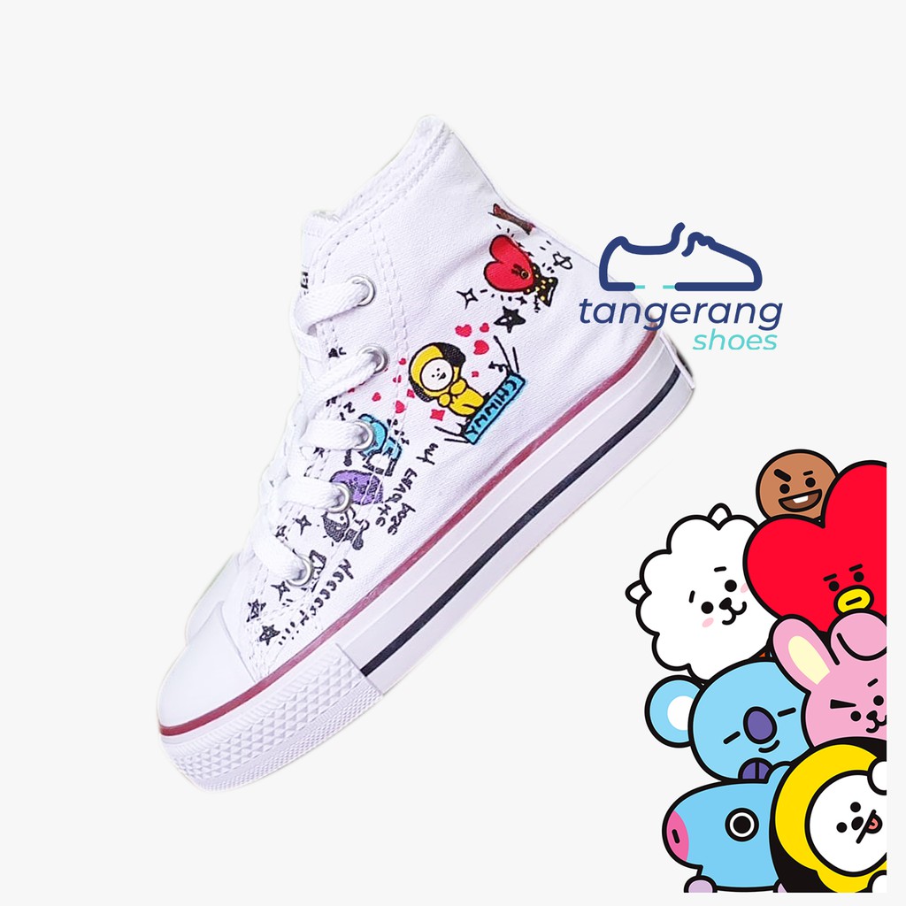 Jual Sepatu boot perempuan laki putih kpop korea BTS BT21 tali tinggi ...