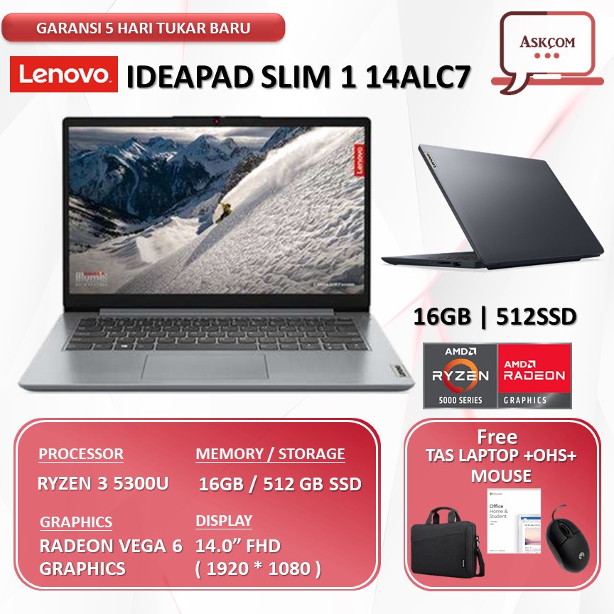 Jual Laptop LENOVO IDEAPAD SLIM 1 14 Ryzen 3 5300U 16GB 512SSD VEGA6 14.0"FHD 2YR Windows11+OHS ...