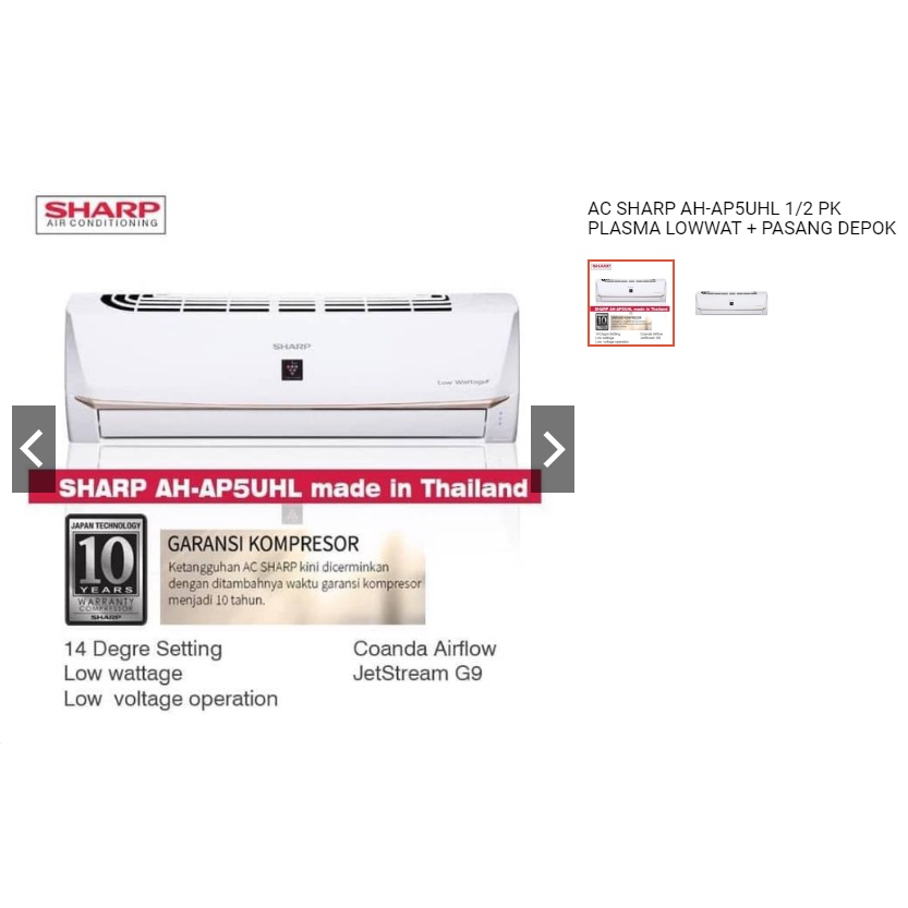Jual AC SHARP AH-AP5UHL 1/2 PK PLASMA LOWWAT + PASANG (DEPOK dan ...