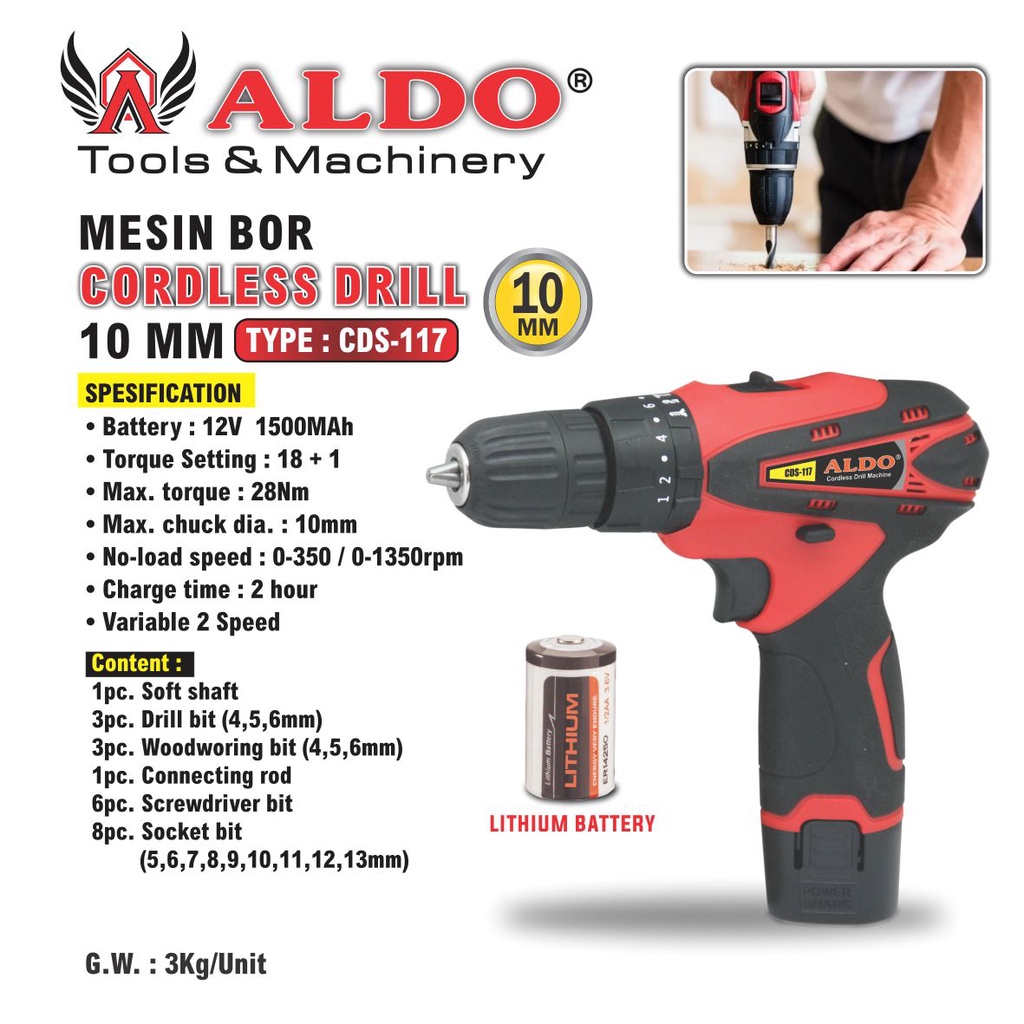 Jual Mesin Bor Cordless Drill 10 mm Type CDS-117 Merk Aldo | Shopee ...