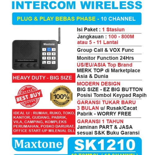 Jual Wireless Intercom 10CH for Home/Office Use - Long Range MAXTONE ...