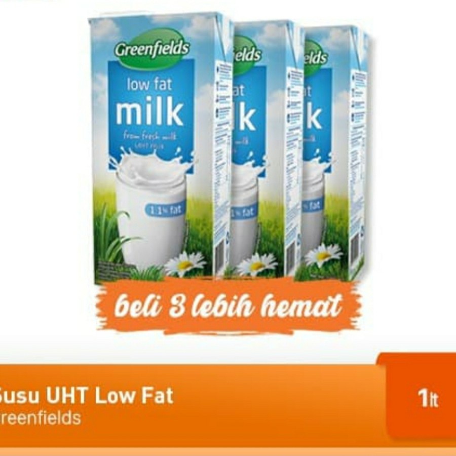 Jual Susu Uht Rendah Lemak Low Fat Greenfields 1 Liter Paket Isi 3 Pcs