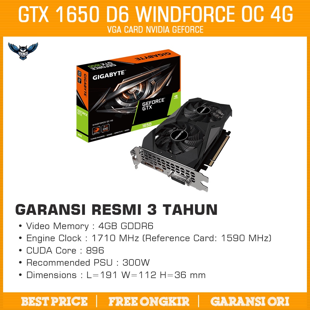 Jual VGA GIGABYTE GTX 1650 D6 WINDFORCE OC 4GB DDR6 | N1656WF2OC-4GD | Shopee Indonesia