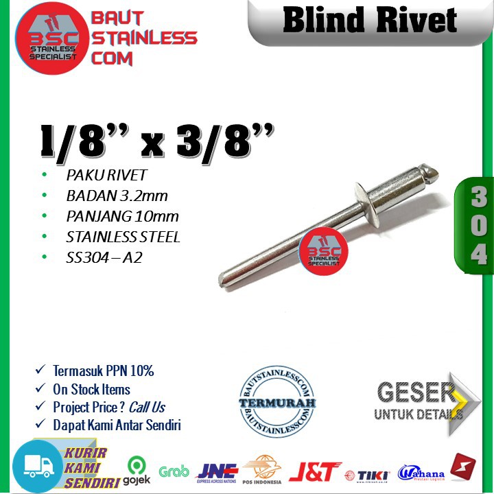 Jual BLIND RIVET - PAKU RIVET STAINLESS SS304 1/8"X3/8" (3,2MM X 10MM ...