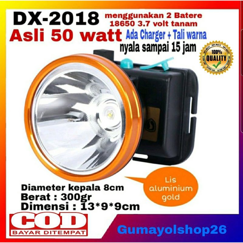 Jual Senter kepala Led 50Watt Charger DX2018 Gold/ Senter Kepala ...