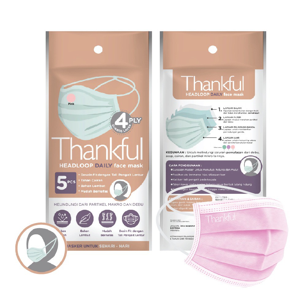 Jual Thankful Face Mask Adult Headloop Daily 5s - Pink | Shopee Indonesia