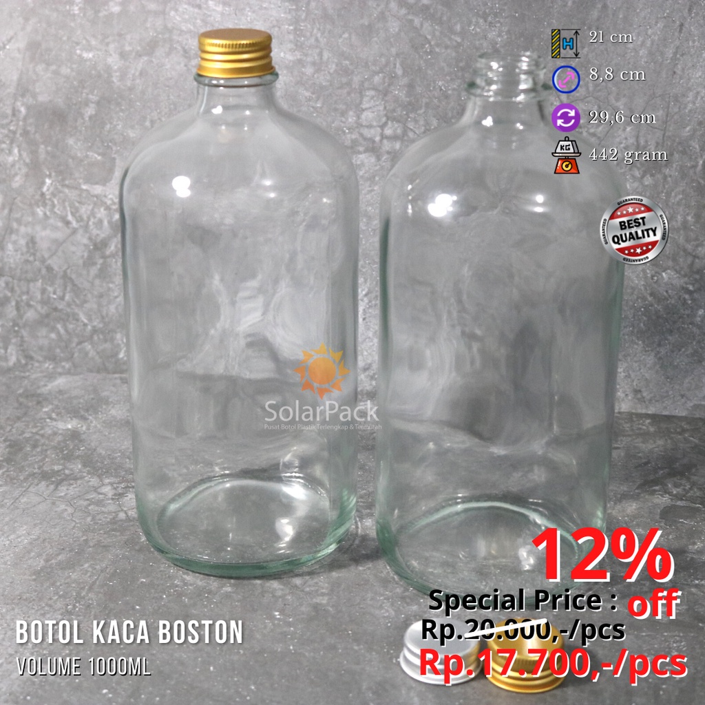 Jual Botol kaca bening 1000ml boston tutup alumunium silver/emas Kopi ...
