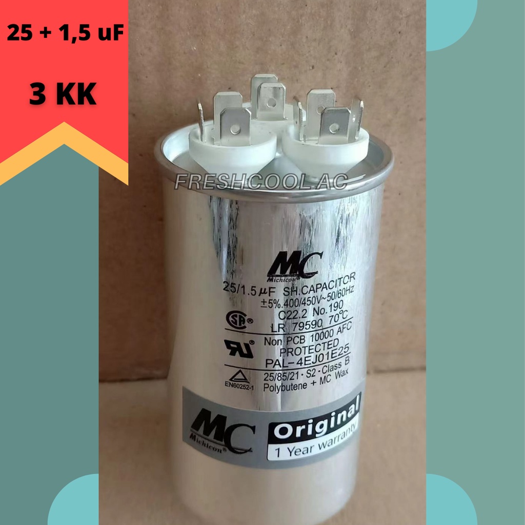 Jual KAPASITOR AC / CAPACITOR AC LG 3 KAKI 25/1,5 uF (MERK MC) 25/1,5 MIKRO | Shopee Indonesia