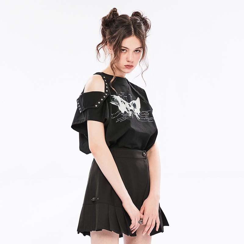 Jual Punk rock off-the-shoulder t-shirt wanita musim panas lengan ...