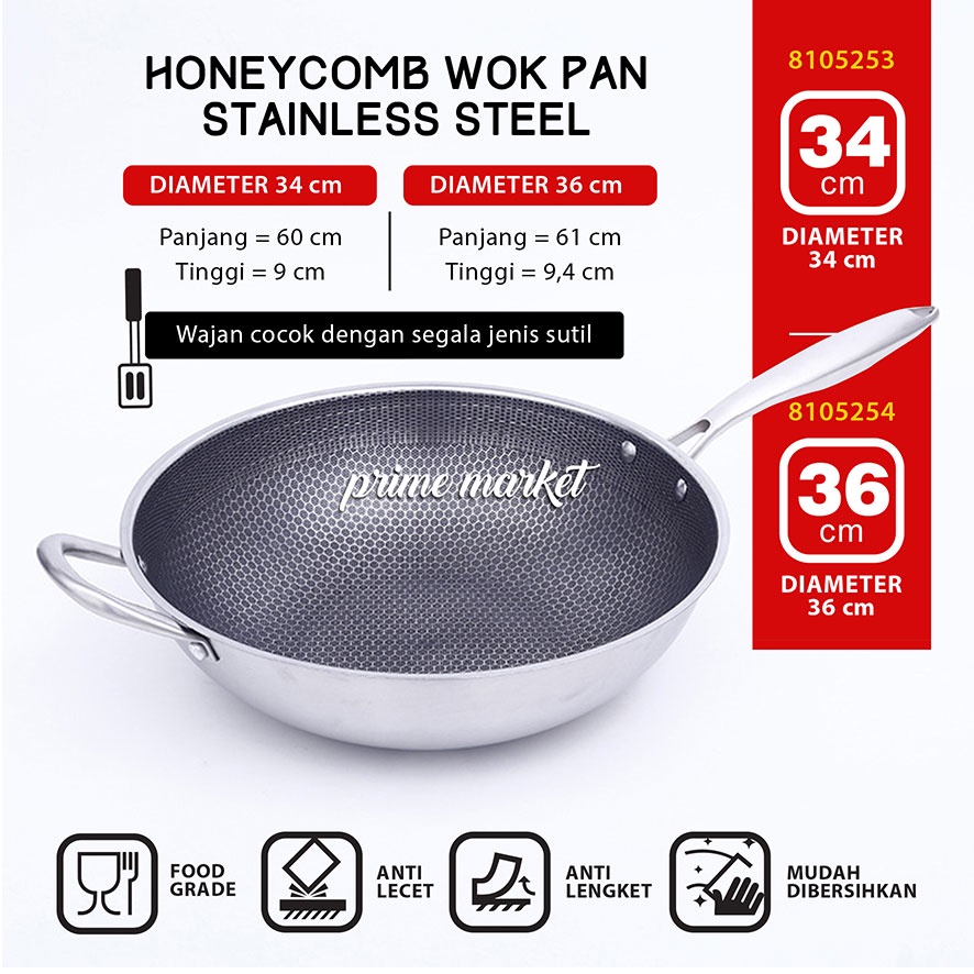 Jual Honeycomb Stainless Steel Wok Pan / Wajan Penggorengan Anti Lengket Anti Gores Deep Wok 32 ...