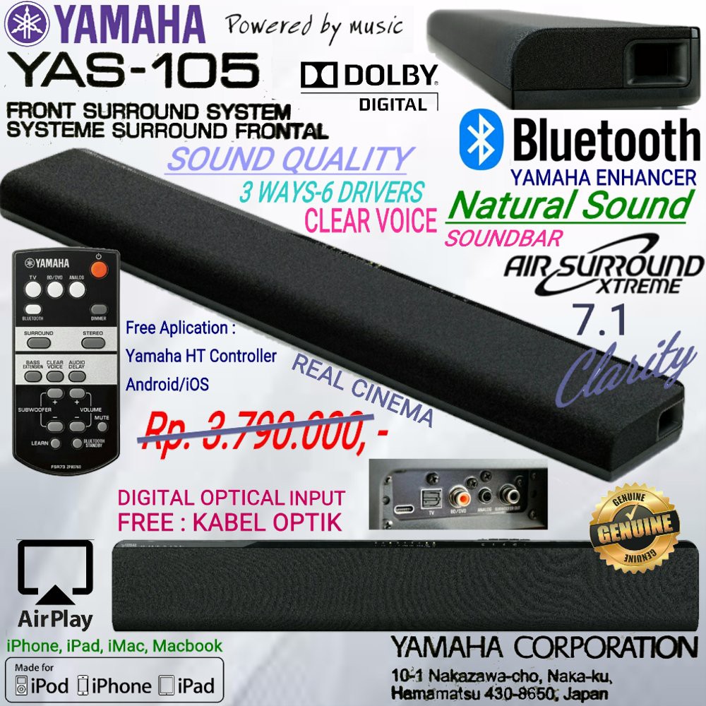 Jual Yamaha FrontCinema YAS-105 Bluethoot Sound Bar Bagus | Shopee Indonesia