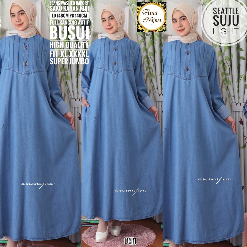 Jual Gamis Jumbo Wanita Terlaris Ld 148cm Gamis Jeans Wanita Size XXXXL Terbaru Aksen Lipit Big ...