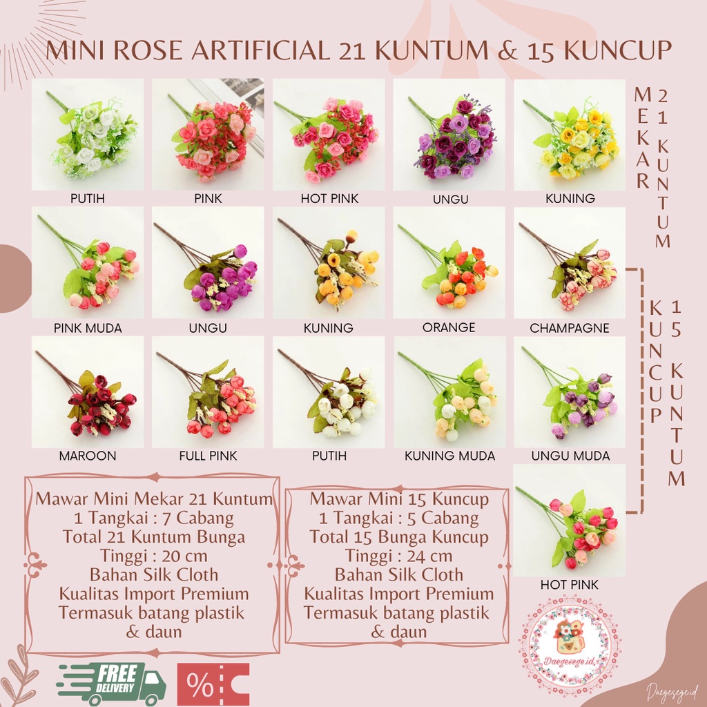 Jual MINI ROSE ARTIFICIAL IMPORT PREMIUM 15 KUNCUP 12 KUNTUM 15 KUNTUM ...