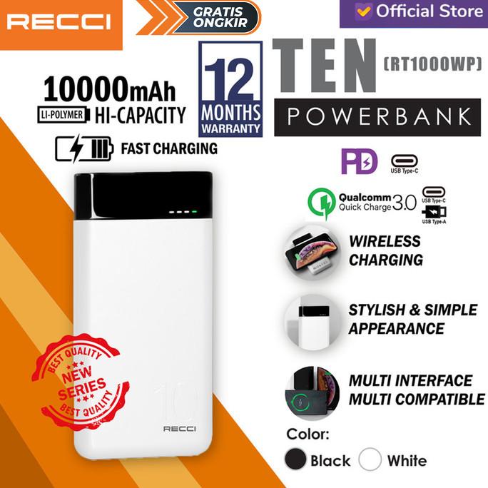 Jual RECCI Powerbank TEN 10000mAh Wireless Charging RT-10000WP Black ...
