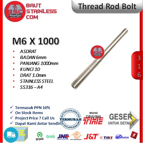 Jual ASDRAT STAINLESS 316 STUD BOLT THREADED ROD BAUT FULLDRAT M6 X ...