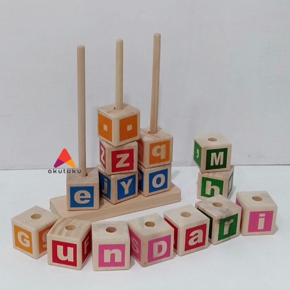 Jual Balok susun natural alphabet/ huruf kayu pinus Mainan edukasi anak ...