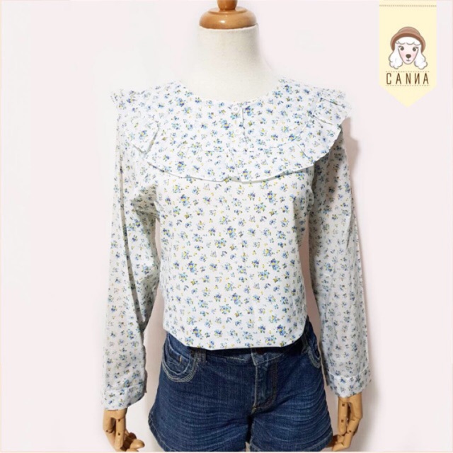 Jual Baju Cewek Atasan Tangan Panjang Vintage Putih Motif Bunga Shabby ...