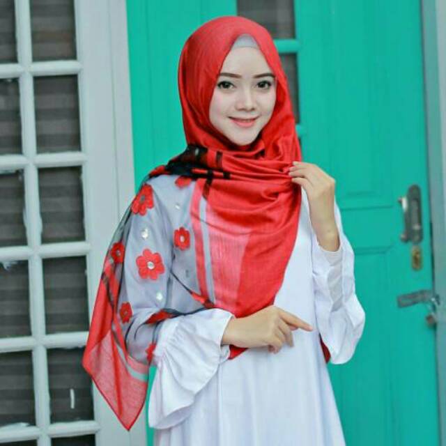Jual Kerudung jilbab Hijab pashmina linen organza bunga mawar kecil merah | Shopee Indonesia