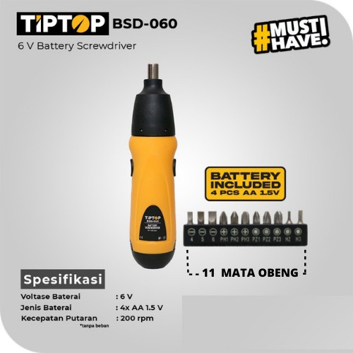 Jual Tip Top BSD-060 6V Cordless Screwdriver / Obeng Baterai+11 Bits ...