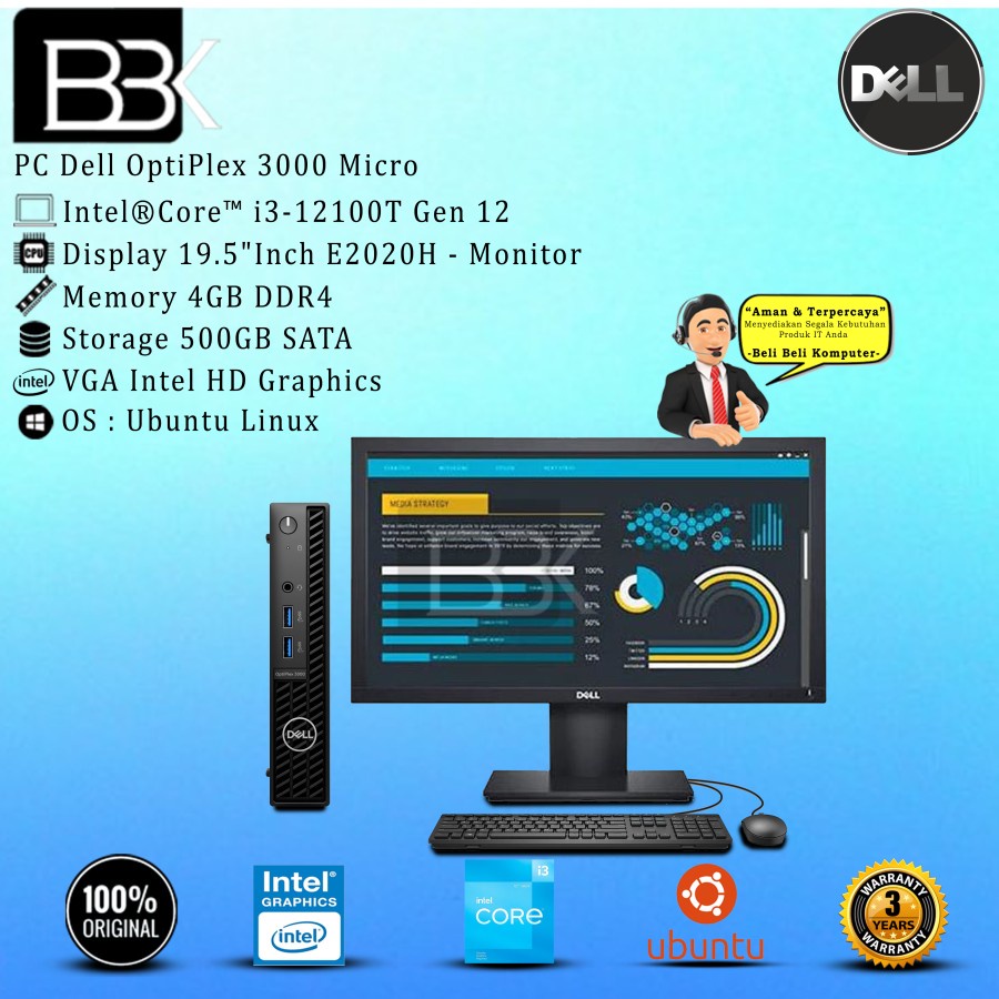 Jual Dell Optiplex 3000 Micro Intel Core i3-12100T 4GB 500GB SATA DOS ...