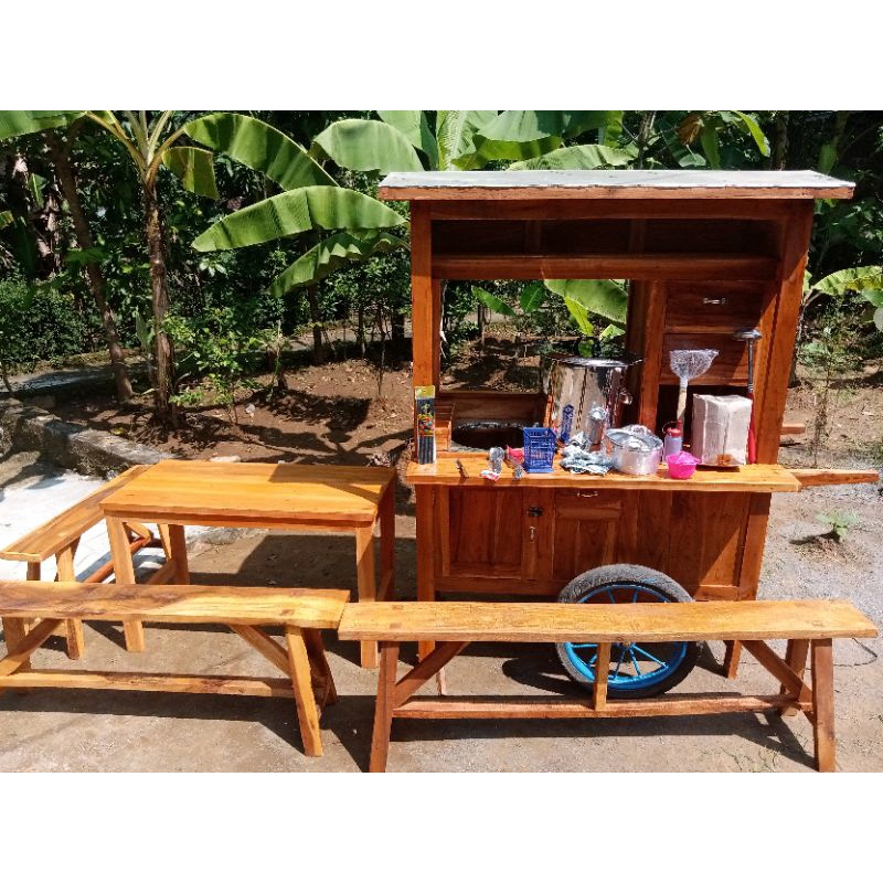 Jual gerobak mie ayam kayu jati dan meja kursi free ongkir | Shopee ...