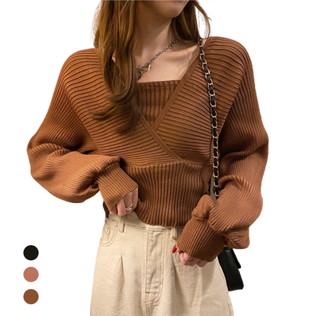 Jual ATASAN RAJUT LENGAN PANJANG V-NECK LENGAN BALON SABRINA TOP | Shopee Indonesia