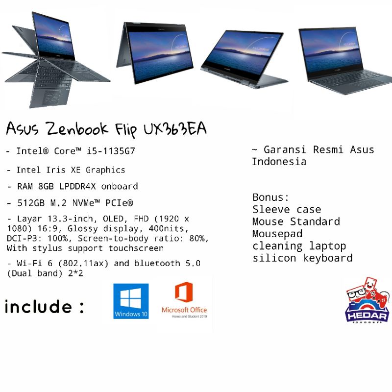 Jual Asus Zenbook flip UX363EA i5 1135G7 8GB 512GB Iris XE W10 OHS 13 ...