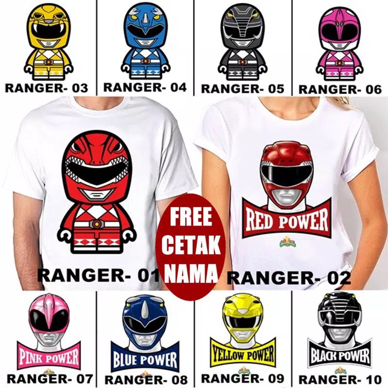 Jual Kaos Power Ranger Anak Dewasa Custom Couple FREE NAMA | Shopee ...