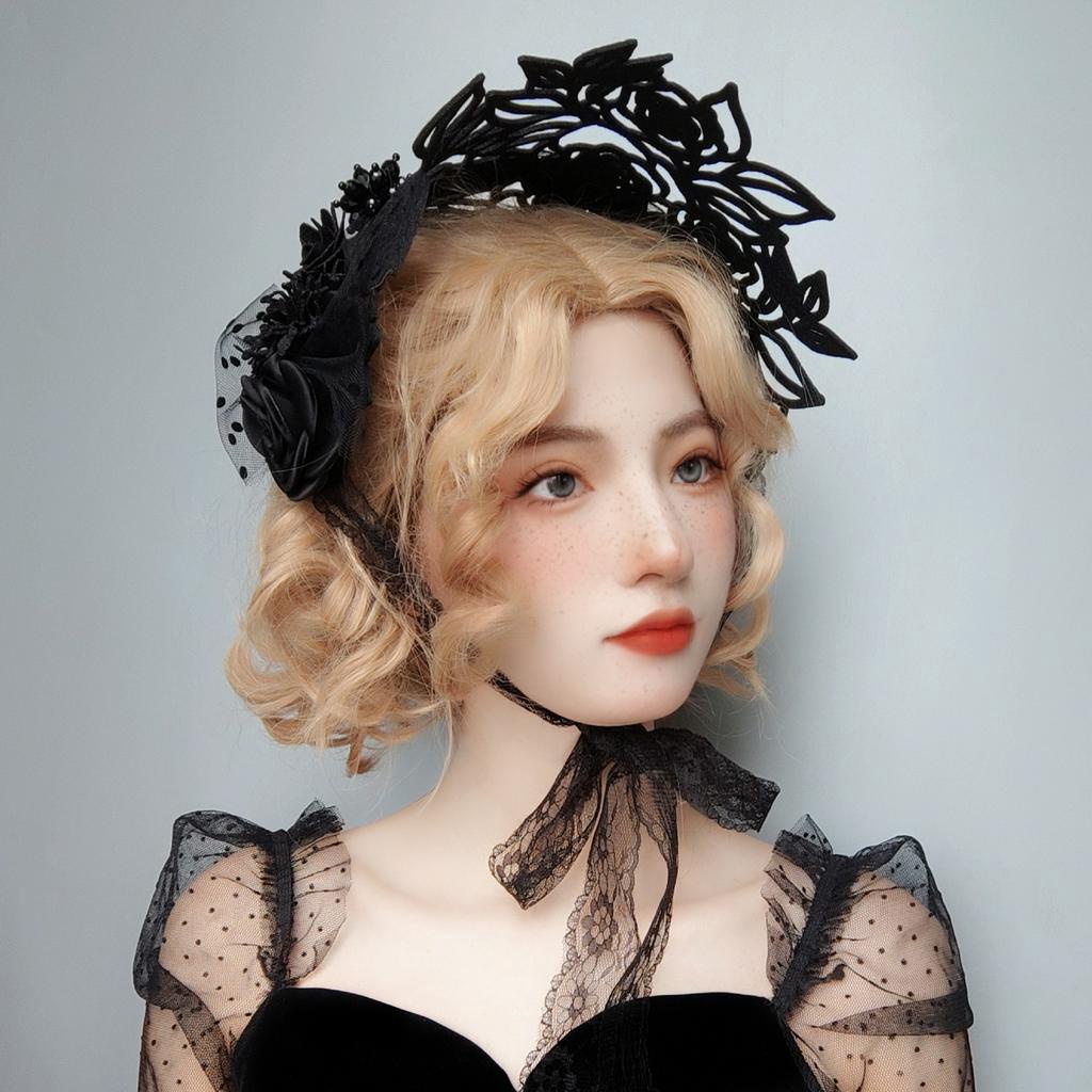 Jual Gothic Lolita Headband with Black Rose Flower Lace Headpiece ...