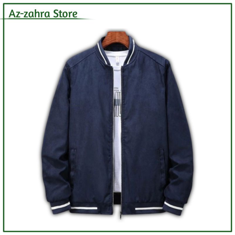 Jual Jaket bomber pria wanita kanvas premium warna navy plat putih ...