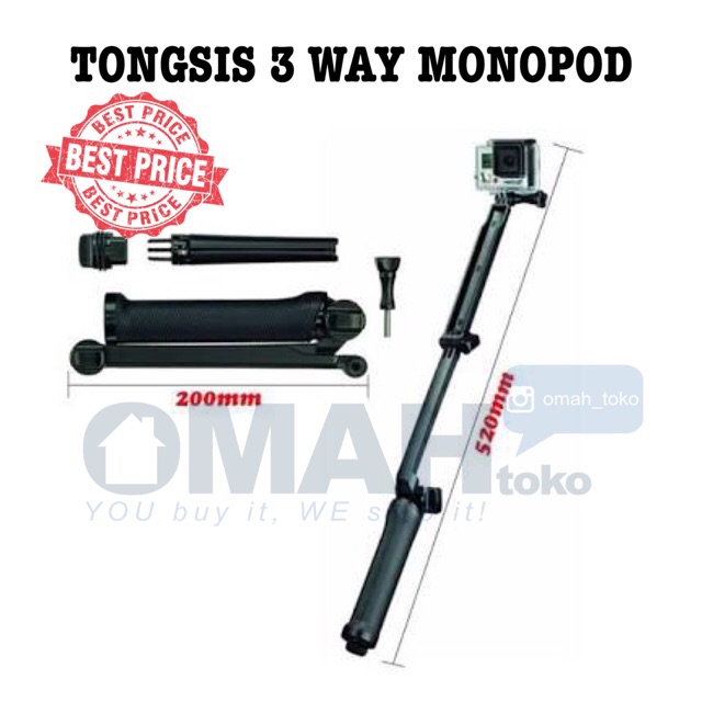 Jual Tongsis 3 Way tiga lengan monopod tongsis for Xiaomi Yi Camera, GoPro, Brica, SJ CAM, Bpro ...