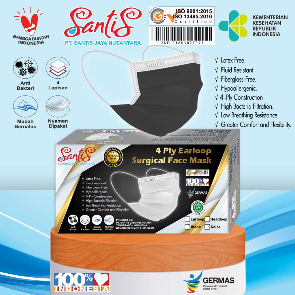Jual Masker Medis / Surgical 4 ply Earloop Hitam / SANTIS Premium ...