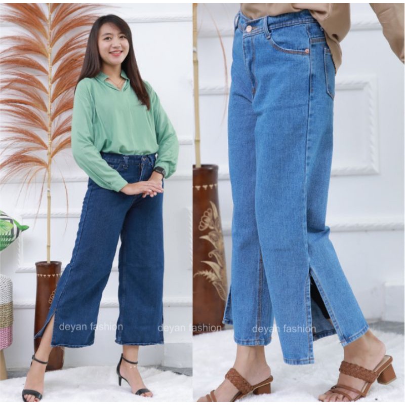 Jual Kulot jeans gray Eonni Belah | Shopee Indonesia
