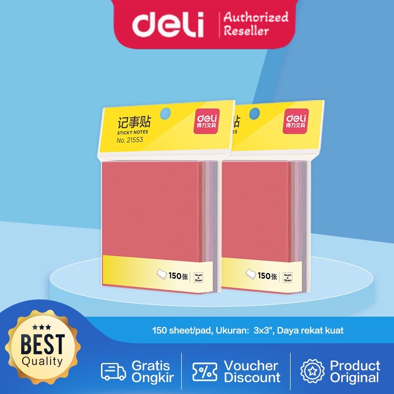 Jual Deli Sticky Note / Memo Tempel 3x3" 150 Lembar/Pad Lem Kuat 21553 ...