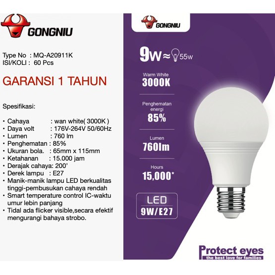 Jual Gongniu Lampu Pilar Bohlam LED 9 Watt E27 Hemat Energi Garansi | Shopee Indonesia