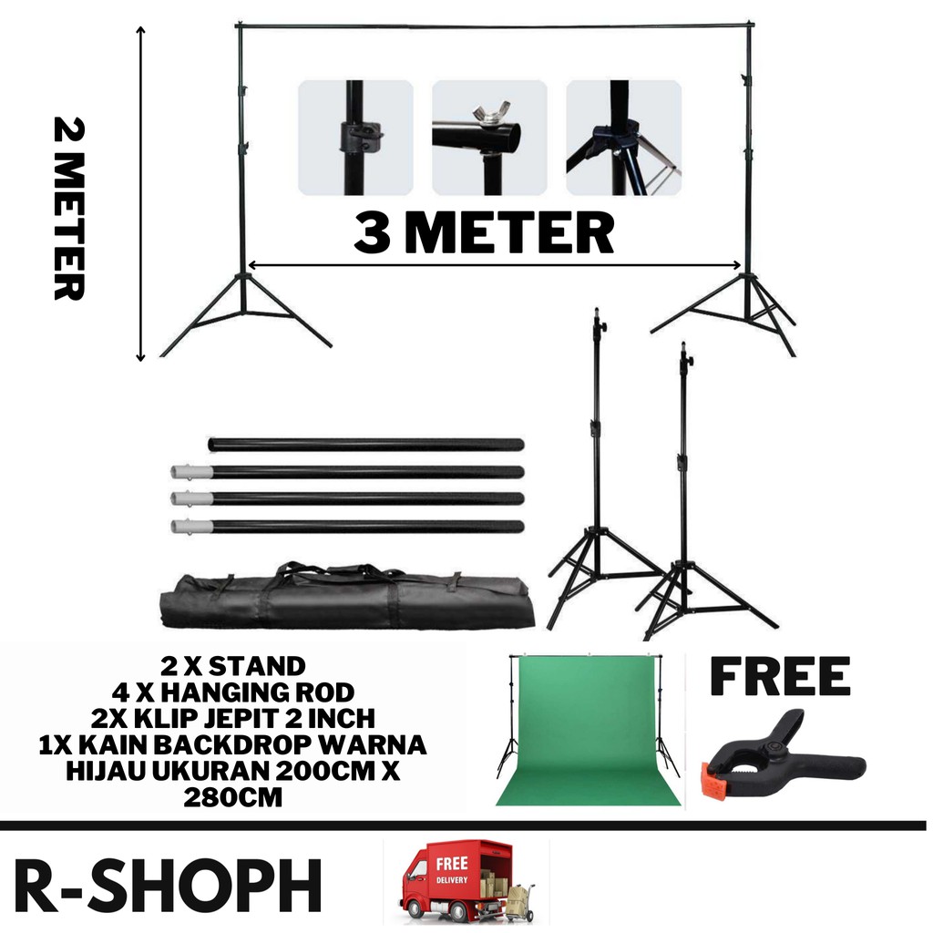 Jual Stand Tiang Background 190x300 cm Dengan Kain Backdrop Hijau ...