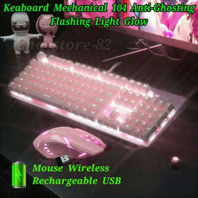 Jual Paket Gaming Miss Pink Glow Keyboard Semi Mecha Wired USB Mouse ...