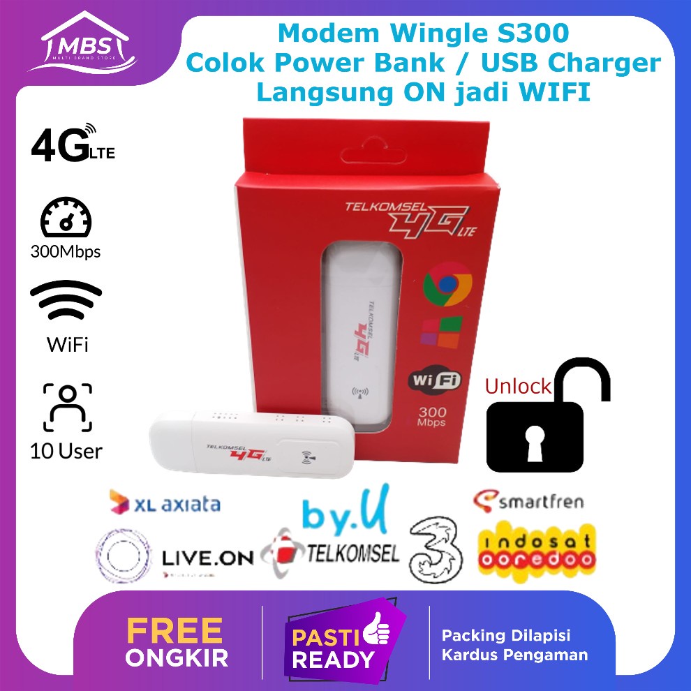 Jual Modem WIFI Telkomsel 4G LTE 300Mbps Unlock All Operator Wingle Colok Power Bank & Charger ...