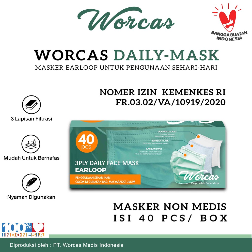 Jual WORCAS Masker 3Ply Earloop Isi 40 Pcs - Premium Disposable Face ...