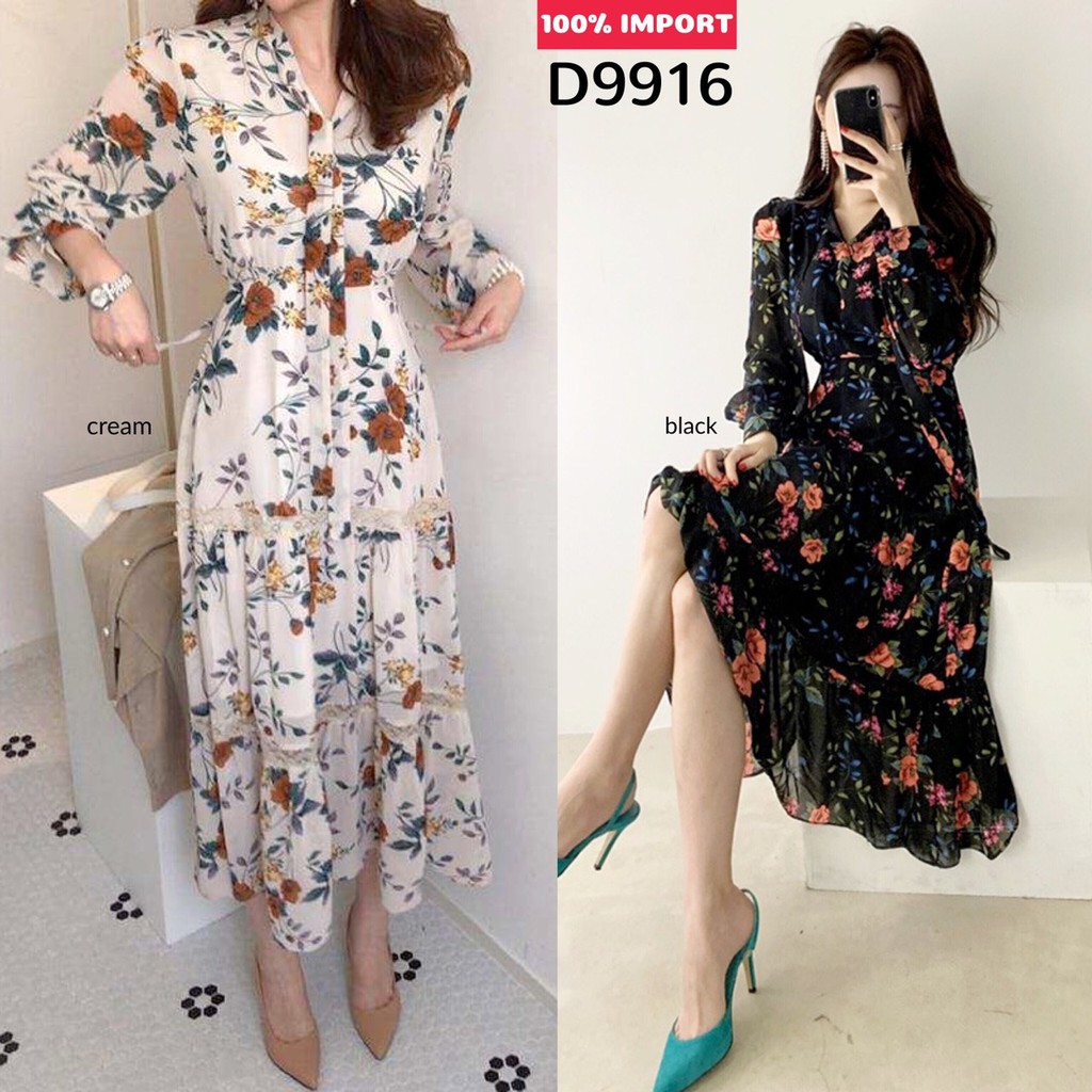 Jual D9916 Rose Long Dress w/ Ribbon & Lace Hem | Shopee Indonesia