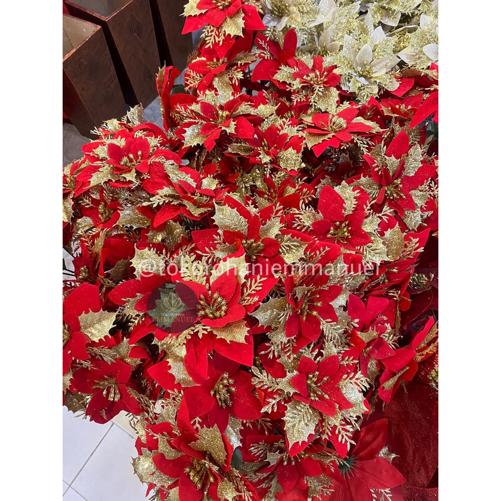 Jual Bunga Kastuba Natal Merah Gold isi 5pcs / Poinsettia / Hiasan ...
