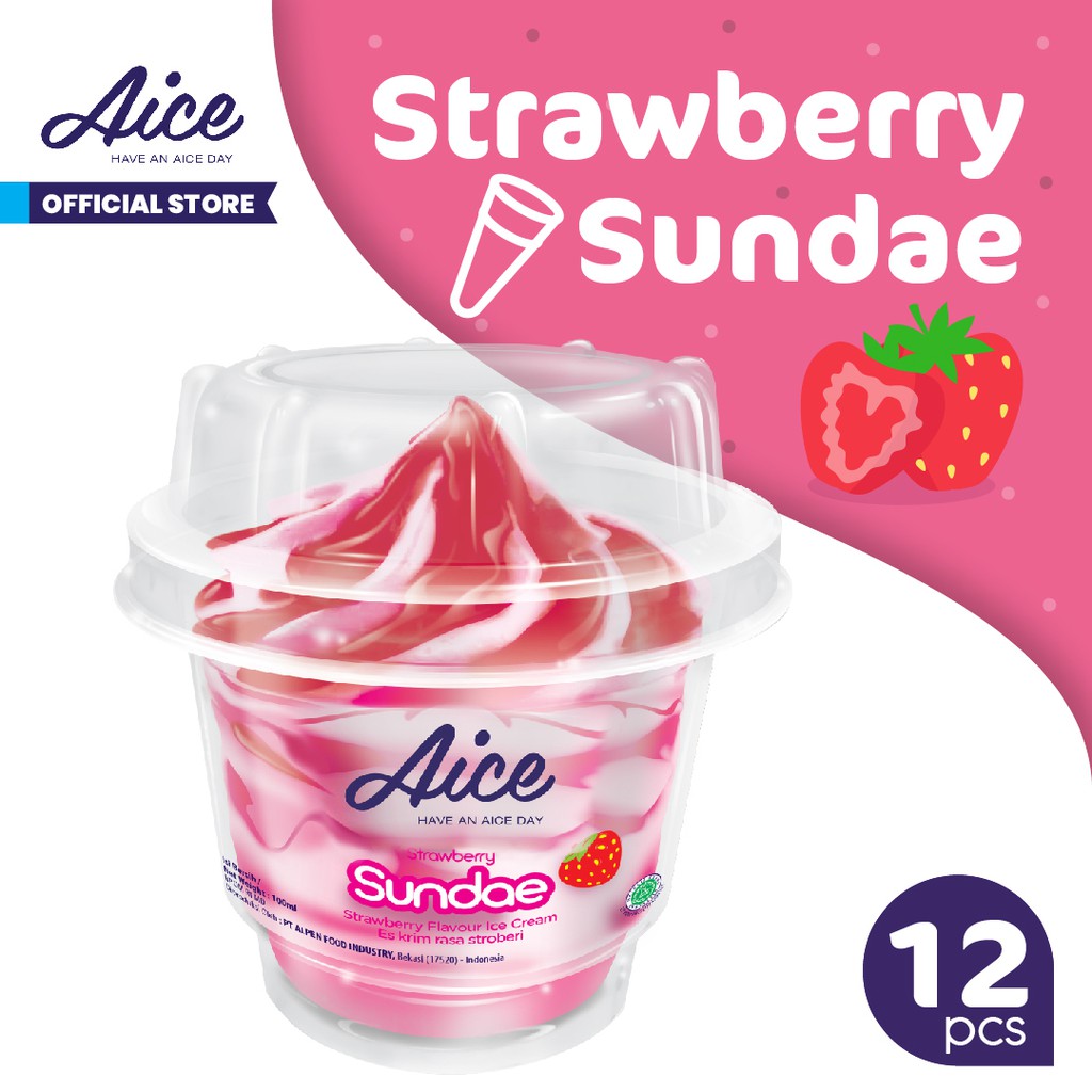 Jual Aice Ice Cream Strawberry Sundae Cup Es Krim 12pcs | Shopee Indonesia