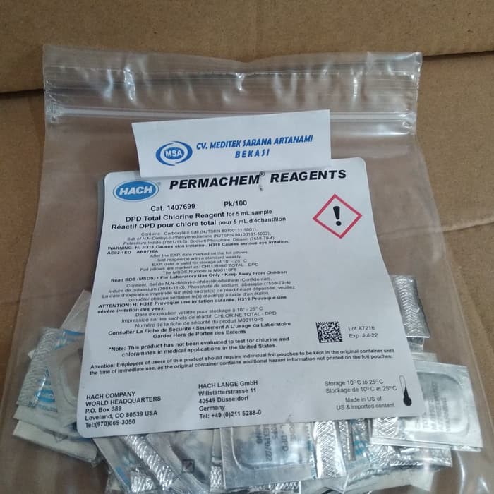 Jual HACH 1407699 DPD Total Chlorine Reagent Powder Pillows, 5 mL, pk ...