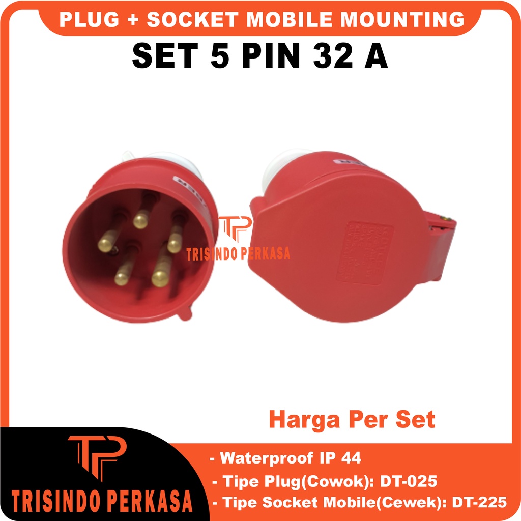 Jual Plug Steker Socket industri/Industry Mobile Mounting 5 Pin 5P 32A (025 + 225) IP44 5 Kaki ...