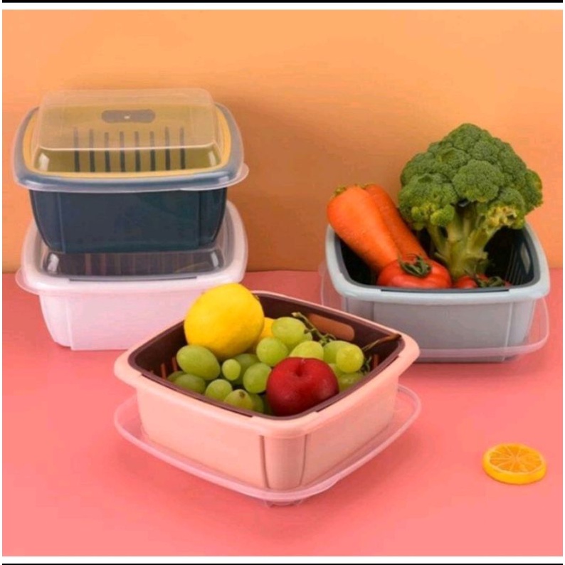 Jual baskom saringan kotak sayur buah 2 in 1 dengan tutup drain basket ...