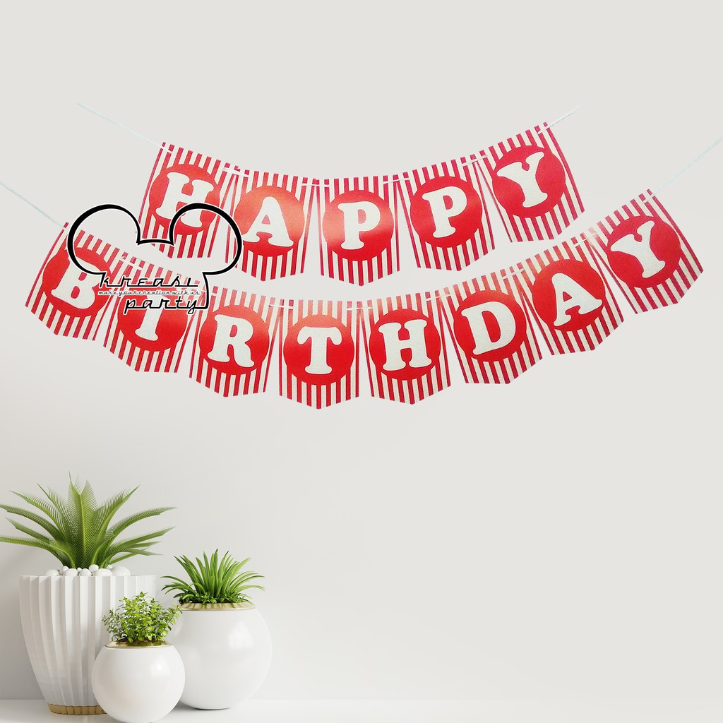 Jual Banner Flag Happy Birthday Merah Salur / Bunting Flag Motif strip ...